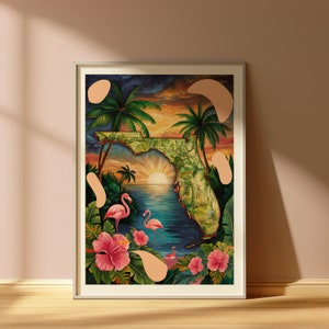 Vintage Retro Florida Map Wall Art, Tropical Printable Botanical Art ...