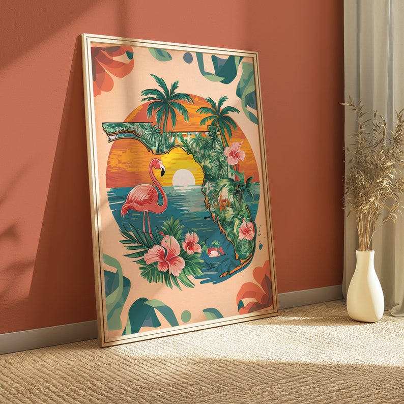 Vintage Retro Florida Map Wall Art, Tropical Printable Botanical Art ...