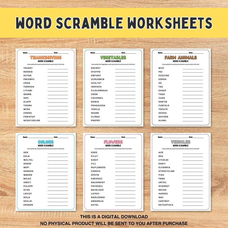30 Word Scramble Printable Activity Worksheet, 30 Themes Word Scramble ...