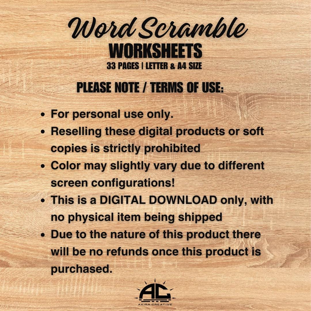 30 Word Scramble Printable Activity Worksheet, 30 Themes Word Scramble ...