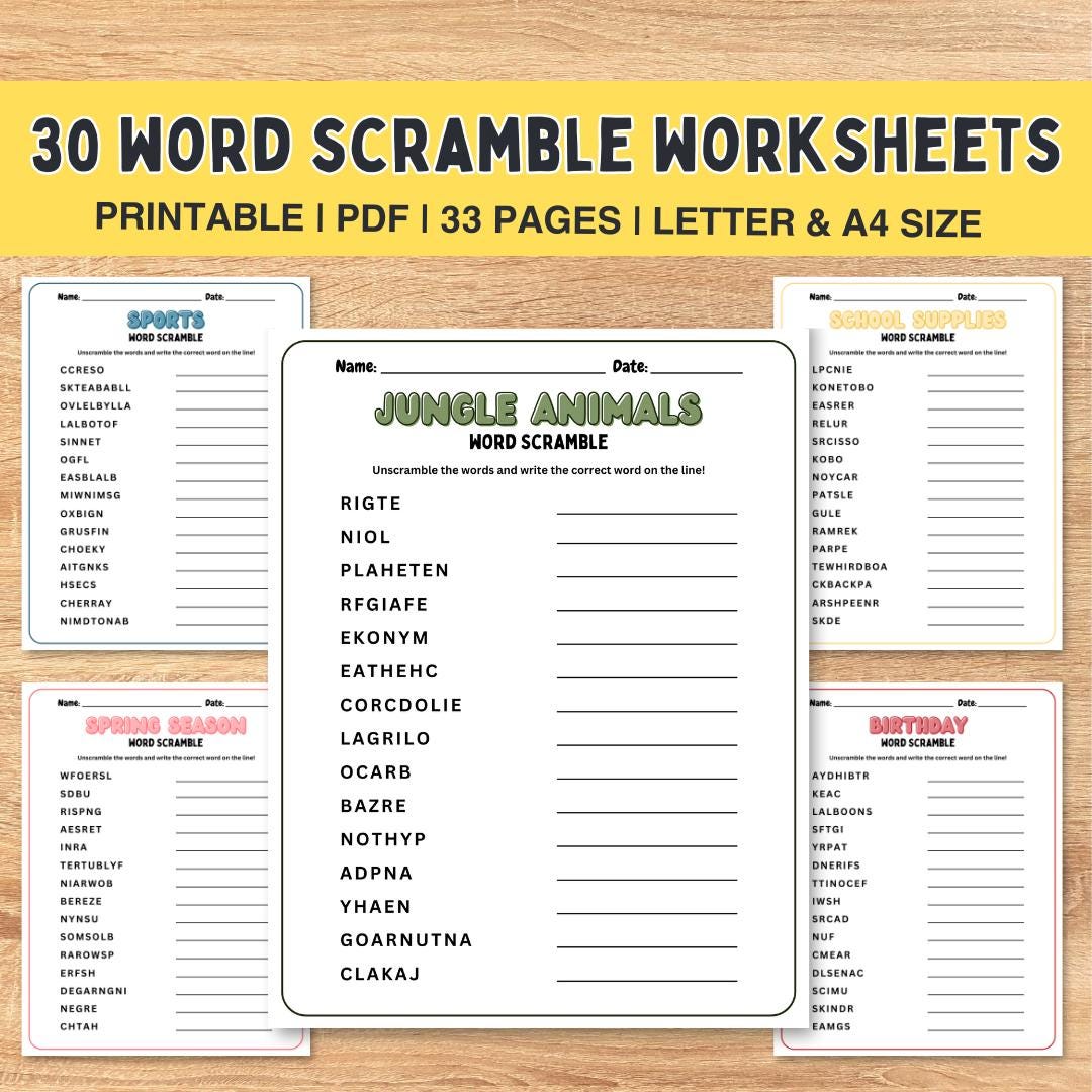 30 Word Scramble Printable Activity Worksheet, 30 Themes Word Scramble ...