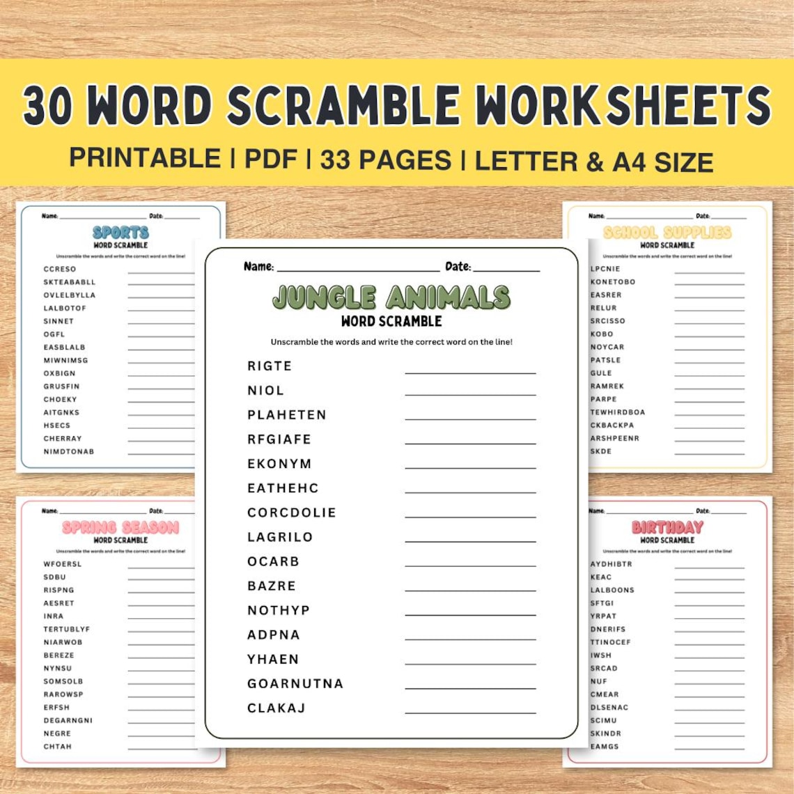 30 Word Scramble Printable Activity Worksheet, 30 Themes Word Scramble ...