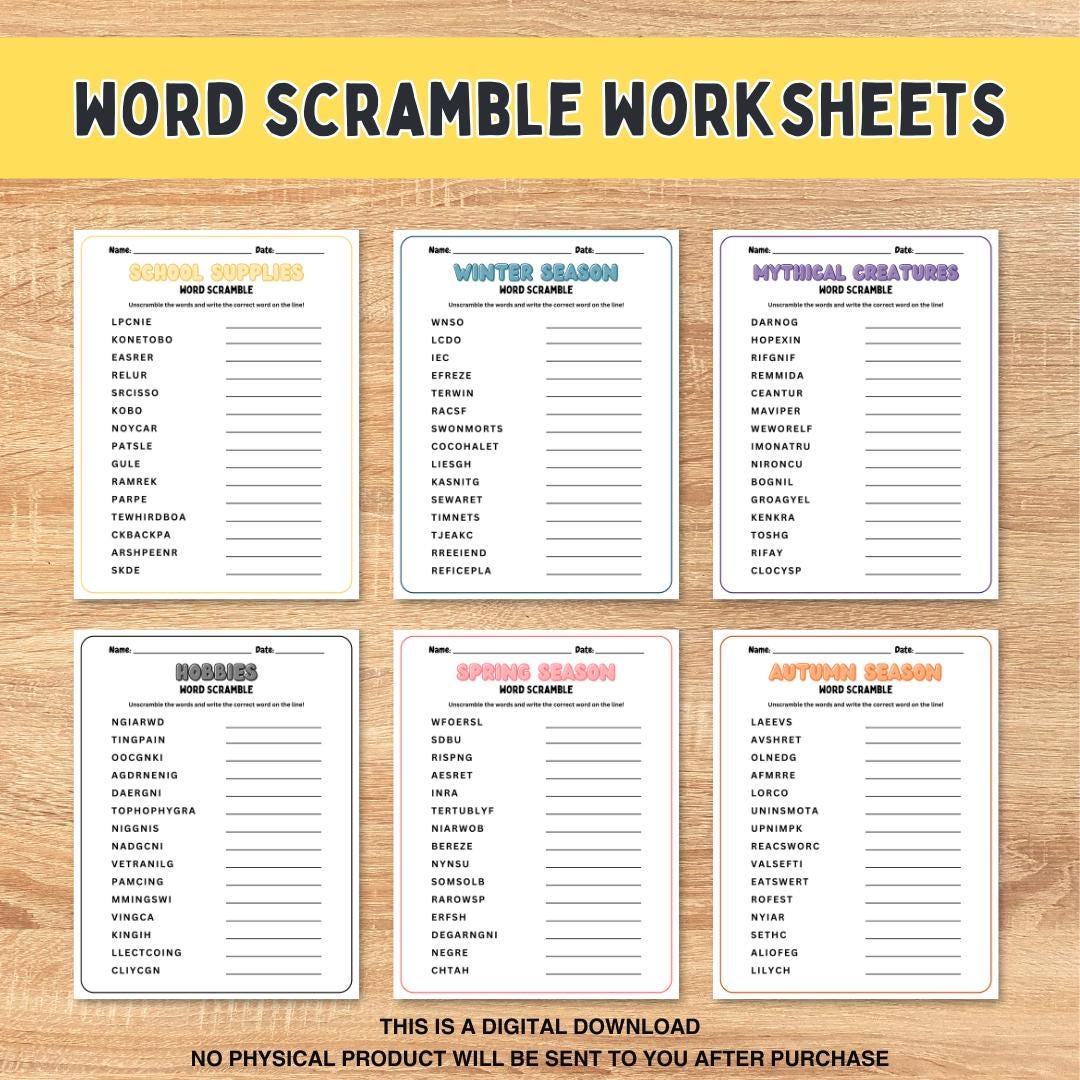 30 Word Scramble Printable Activity Worksheet, 30 Themes Word Scramble ...