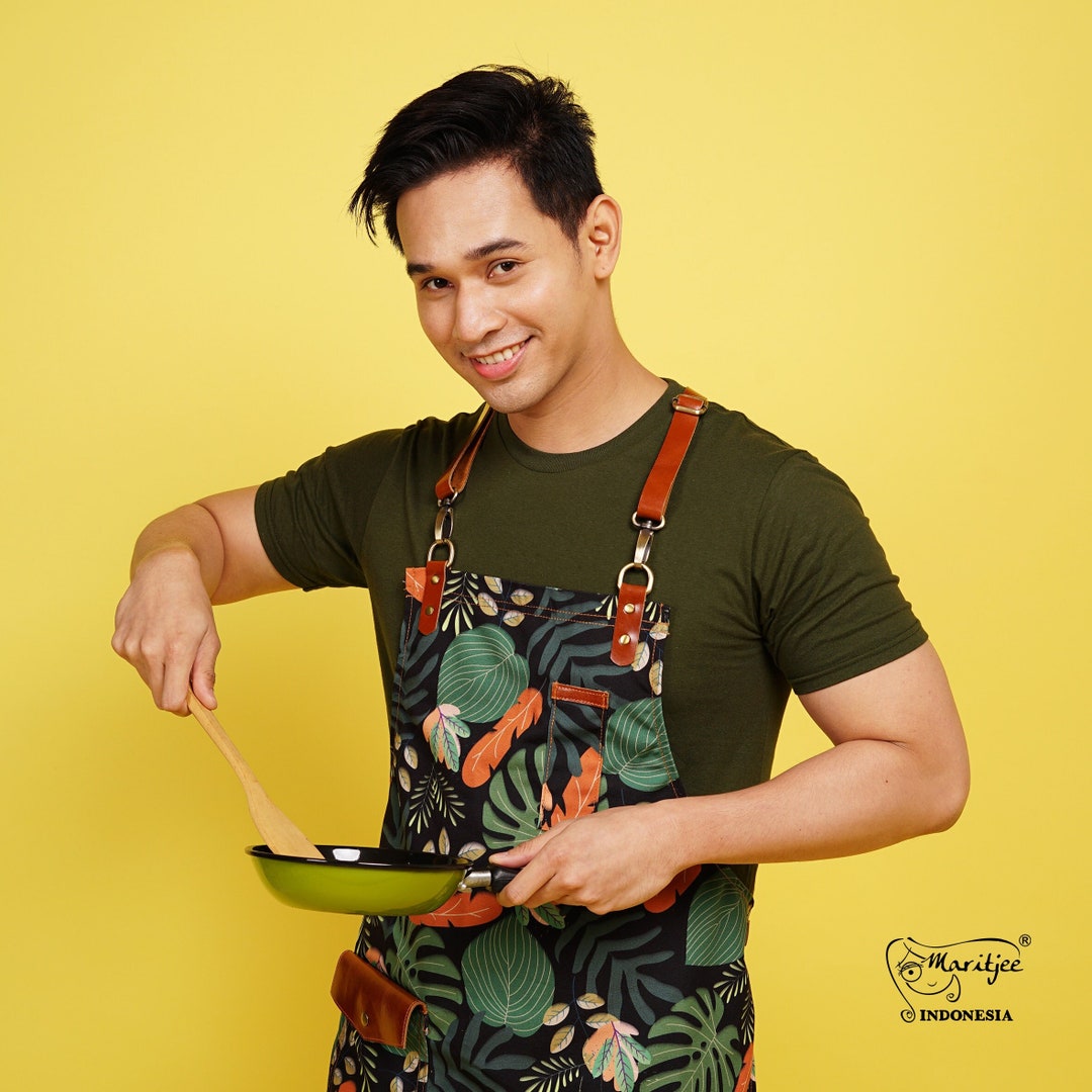 Tropical Illustration Hand Drawn Apron With Leather Pocket and ...