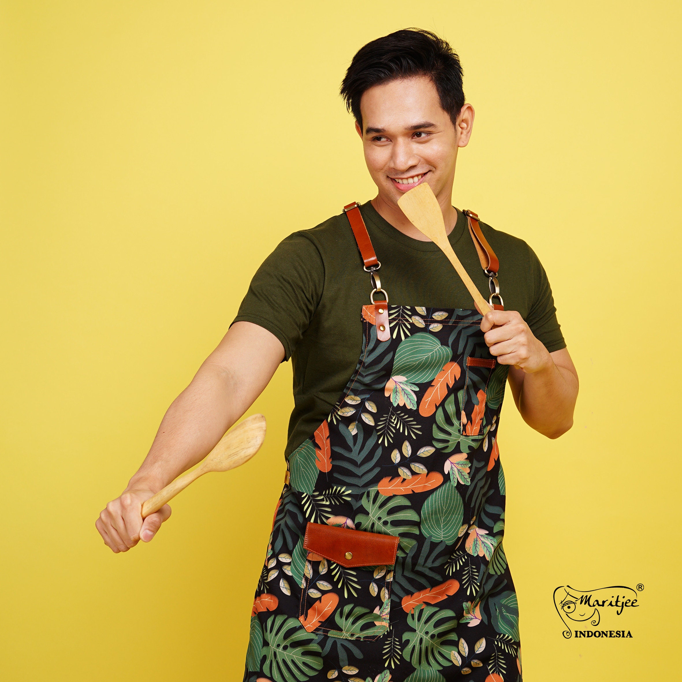 Tropical Illustration Hand Drawn Apron With Leather Pocket and ...