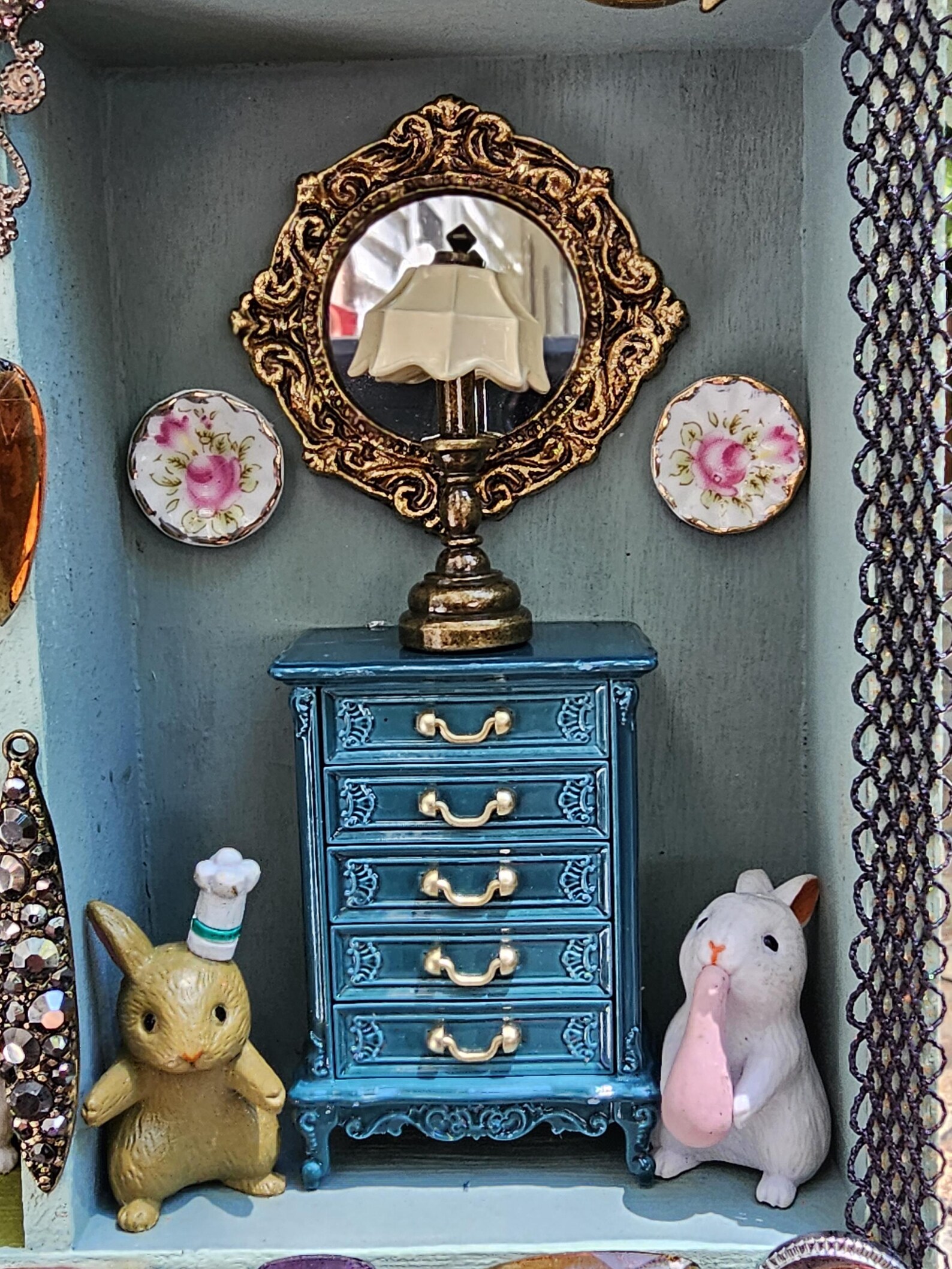 Rebellious Rabbits Diorama: Upcycled Jewelry Shadow Box, Whimsical Wall ...