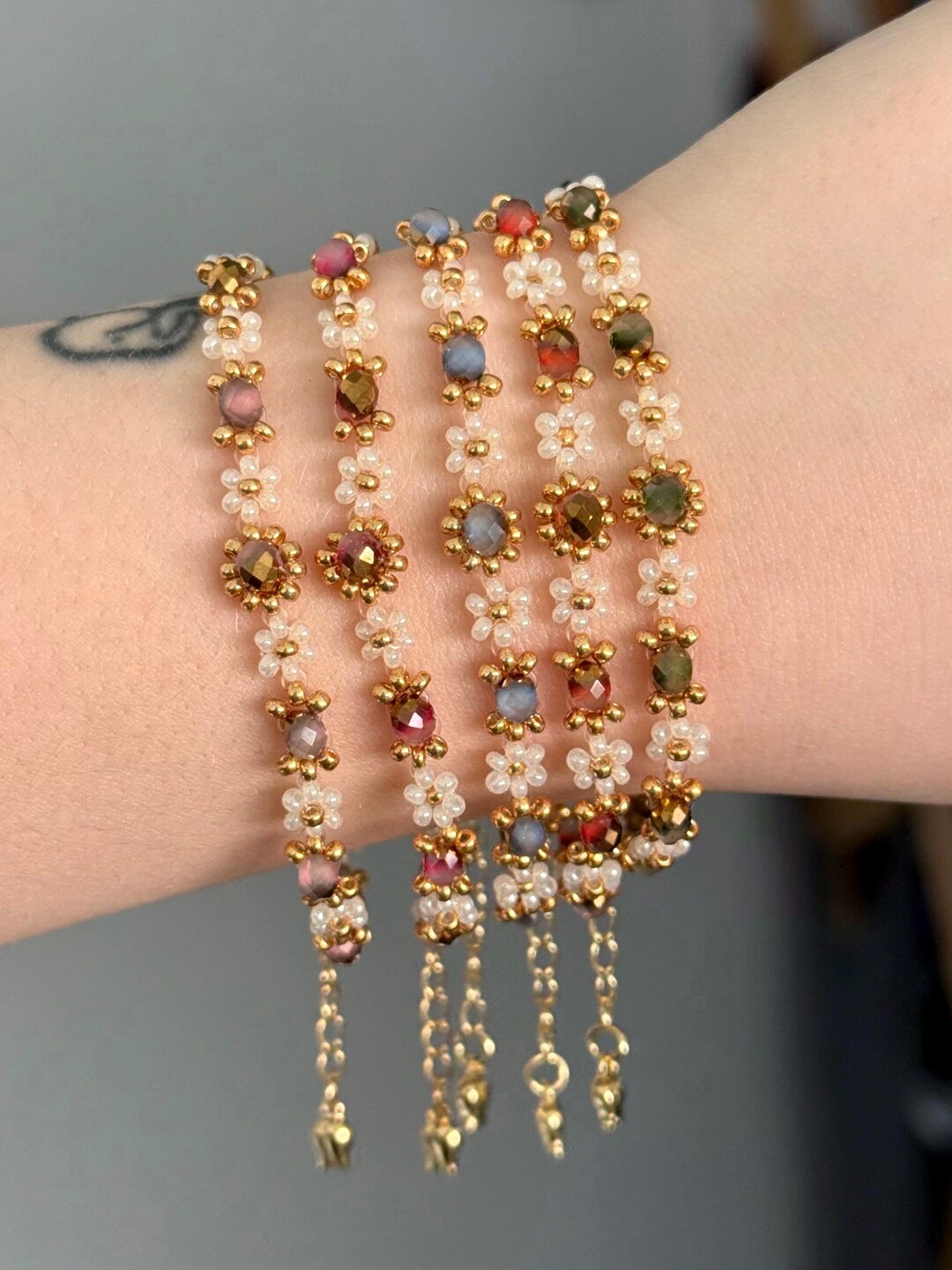 Royal Daisy Handmade Seed Bead Bracelets in Orange, Beige, Blue, Green ...