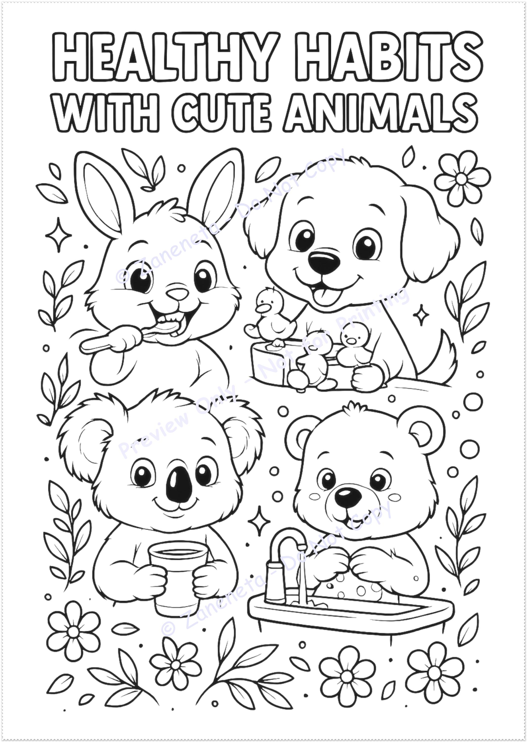 Healthy Habits Coloring Pages for Kids – Cute Animals Routine Book ...