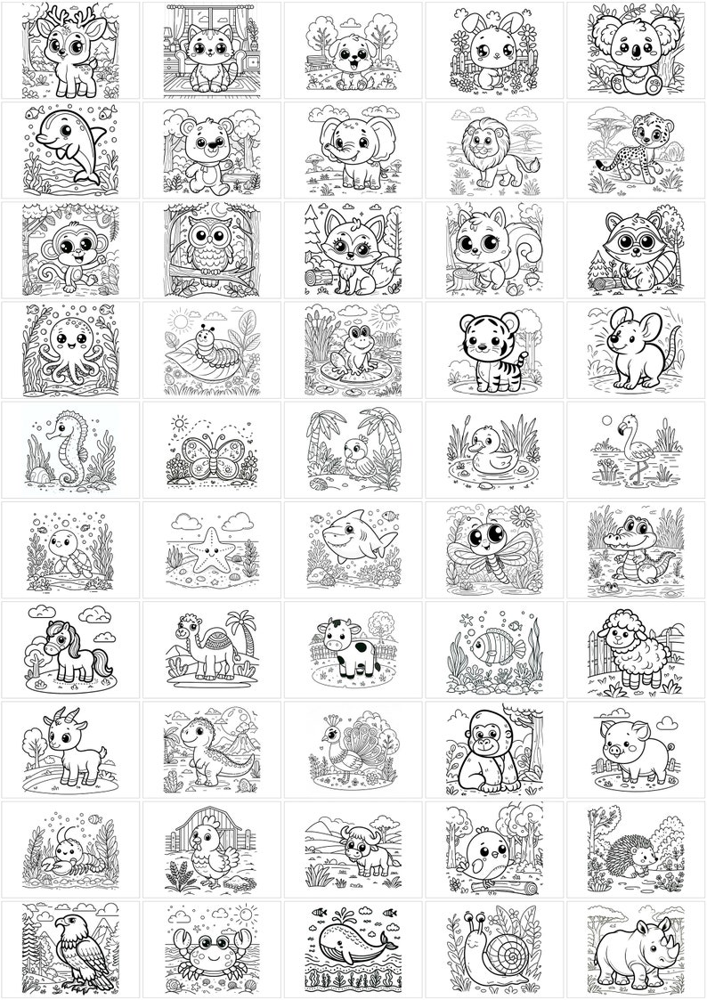 50 Animal Coloring Pages for Kids | Printable Coloring Book | Instant ...
