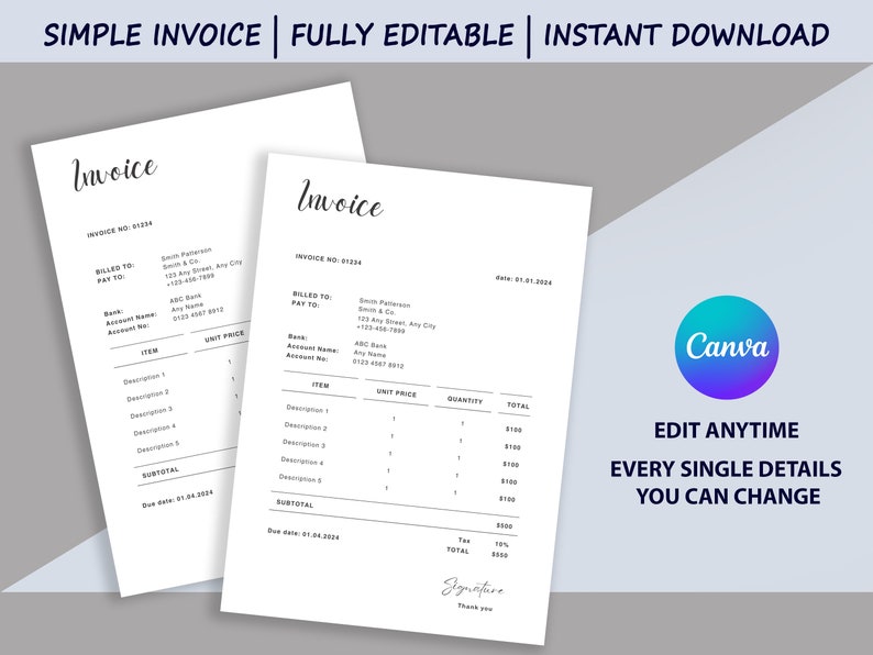 Simple Invoice Editable Simple Invoice for Your Small Business , Custom ...