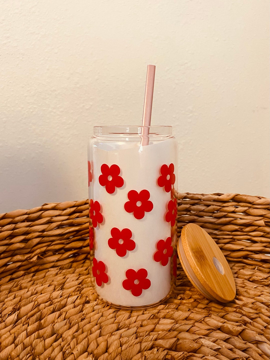 Red Flower 16 Oz Glass Cup - Etsy