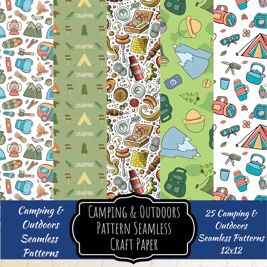Seamless Camping/outdoor-themed, Nature Digital Papers, Seamless ...
