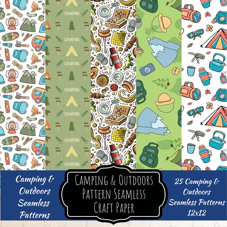 Seamless Camping/outdoor-themed, Nature Digital Papers, Seamless ...