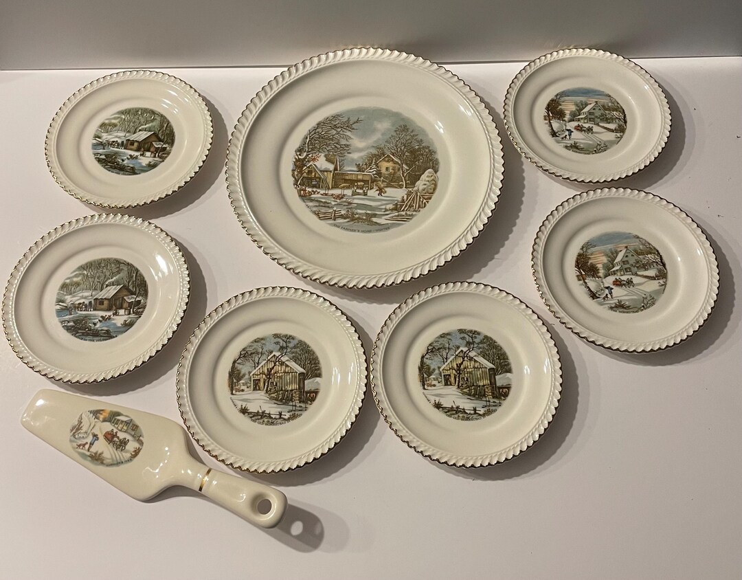 Harkerware USA Currier and Ives Homestead Winter Cake Plate, Server and ...
