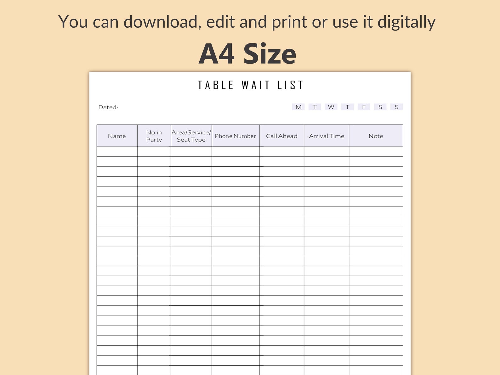 Table Wait List Template, Restaurant Waitlist Template, Seating Chart ...