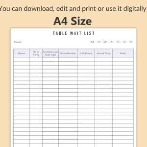 Table Wait List Template, Restaurant Waitlist Template, Seating Chart ...