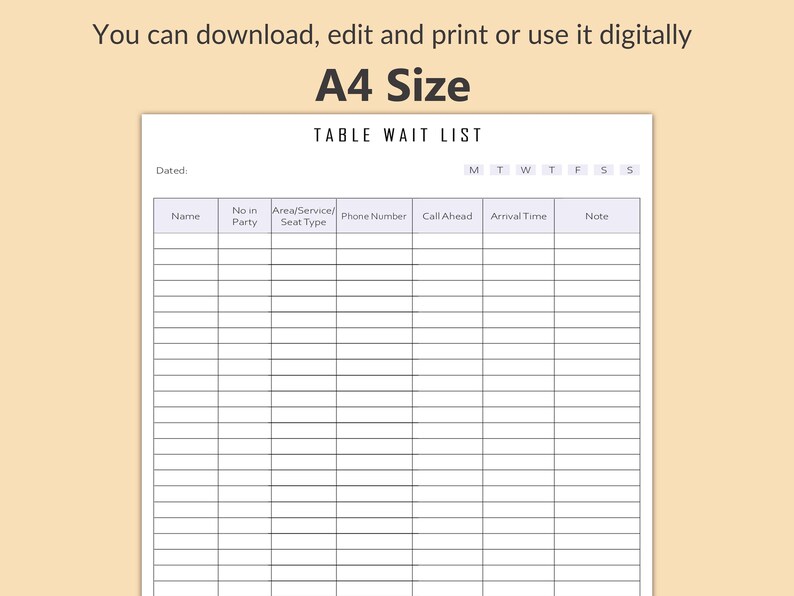 Table Wait List Template, Restaurant Waitlist Template, Seating Chart ...