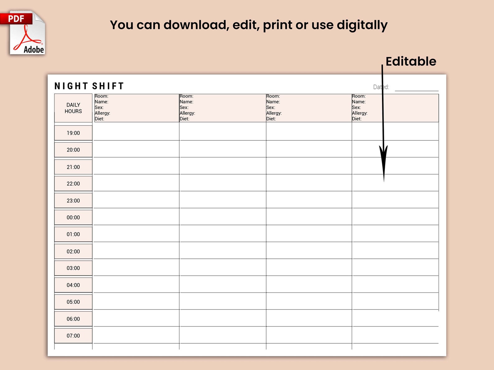 Editable Nurse Hourly Planner: Day & Night Shift (PDF) - Etsy