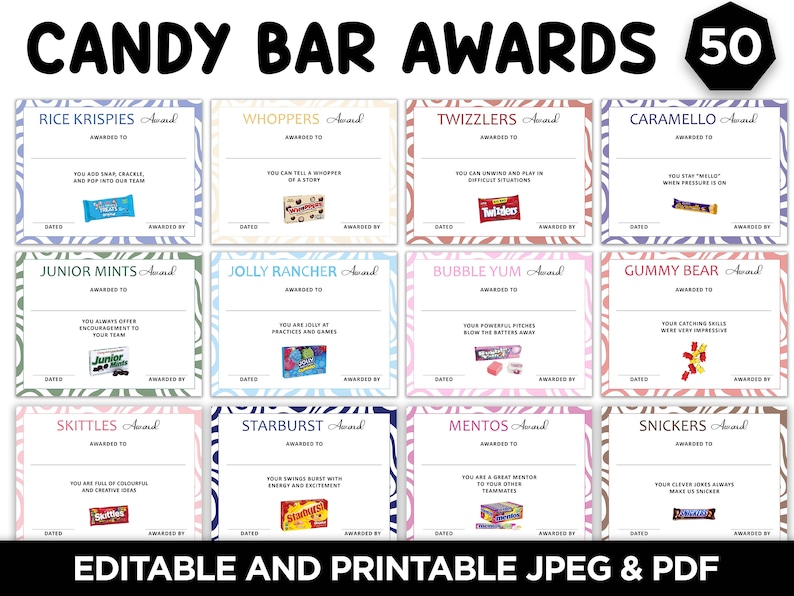 50 Candy Bar Award Certificates: Printable Team Awards (PDF) - Etsy