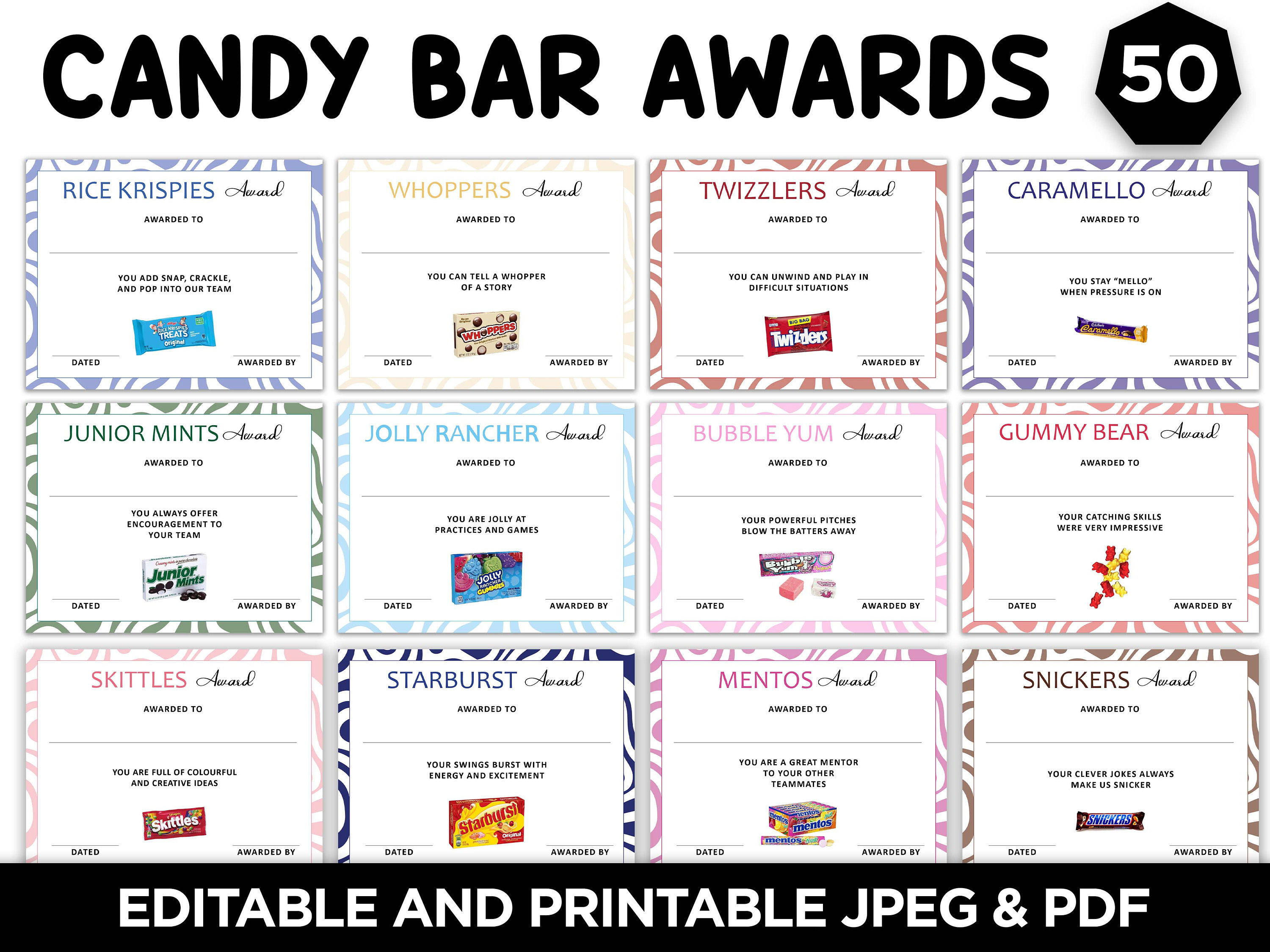 50 Candy Bar Award Certificates: Printable Team Awards (PDF) - Etsy