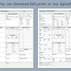 Nurse Report Sheet: Patient Assessment, ICU Nursing Notes (printable ...