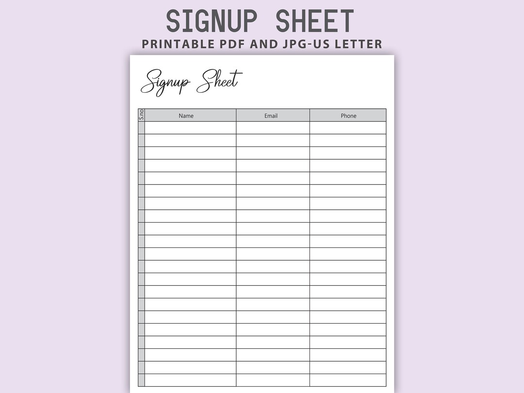 Dynamic Event Sign up Sheet Template (PDF & JPG) - Etsy