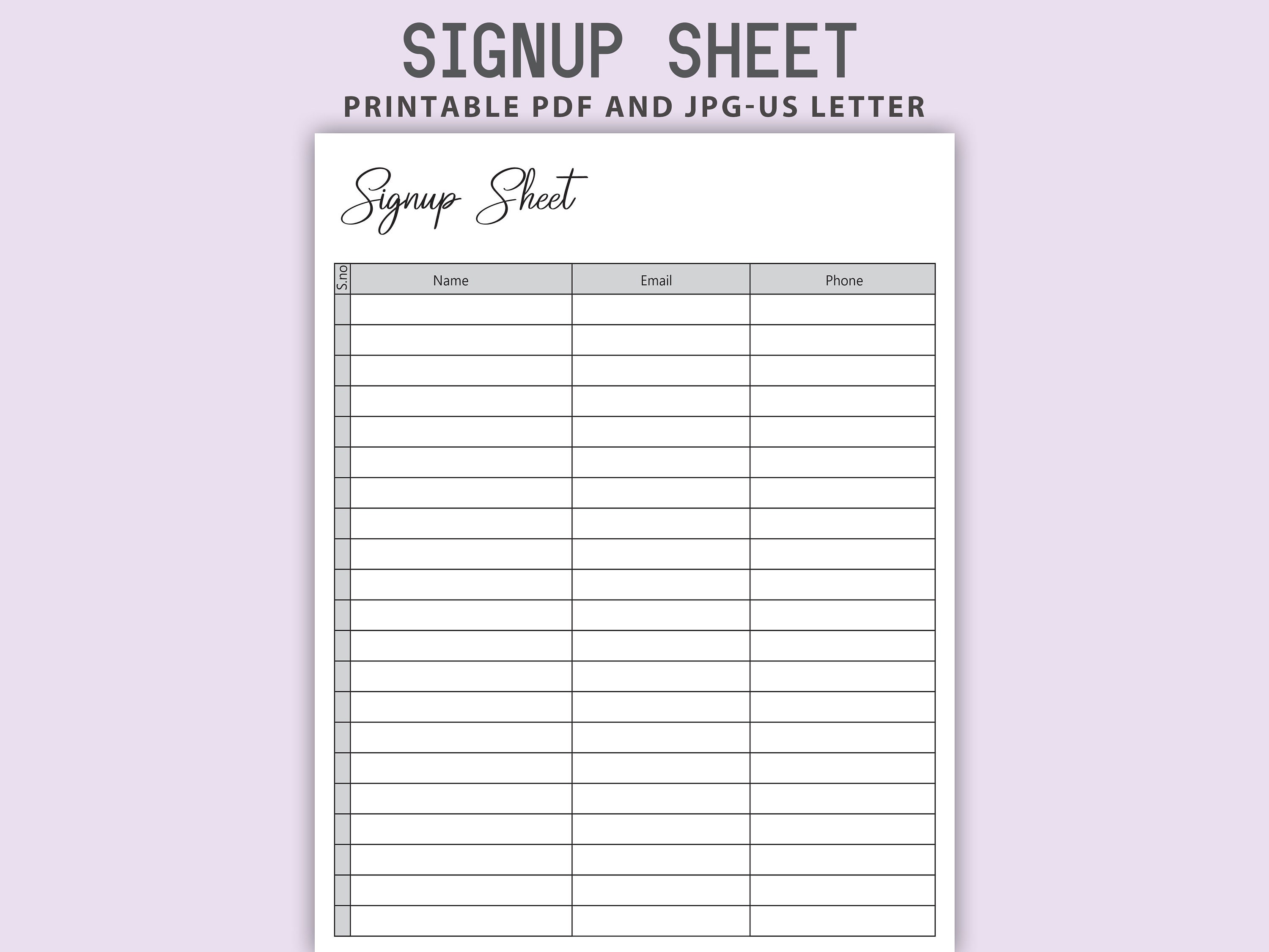 Sign Me Up, Sign up Sheet Template, Dynamic Signup Sheet, Printable ...