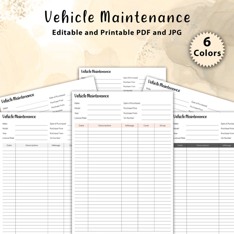 Vehicle Maintenance Template, Car Maintenance Log, Auto Service Record ...