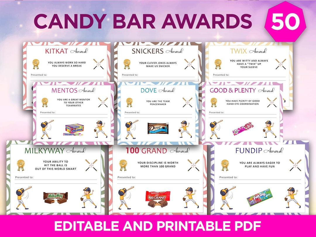 50 Baseball Candy Bar Award Certificates: Team Awards (printable PDF ...