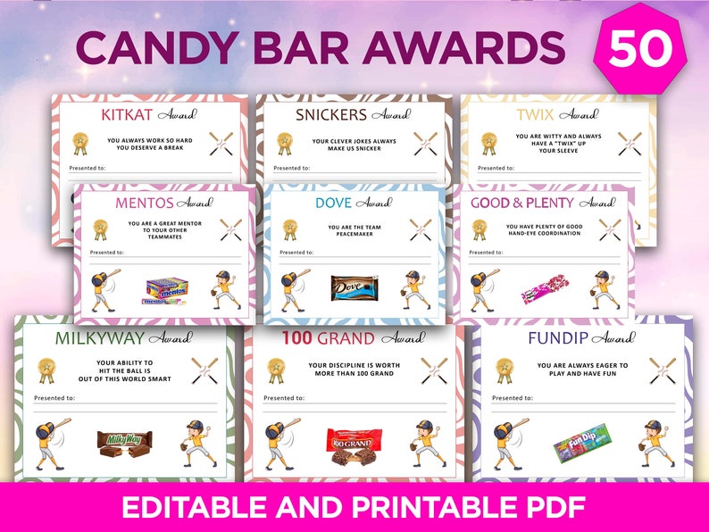 50 Baseball Candy Bar Award Certificates: Team Awards (printable PDF ...