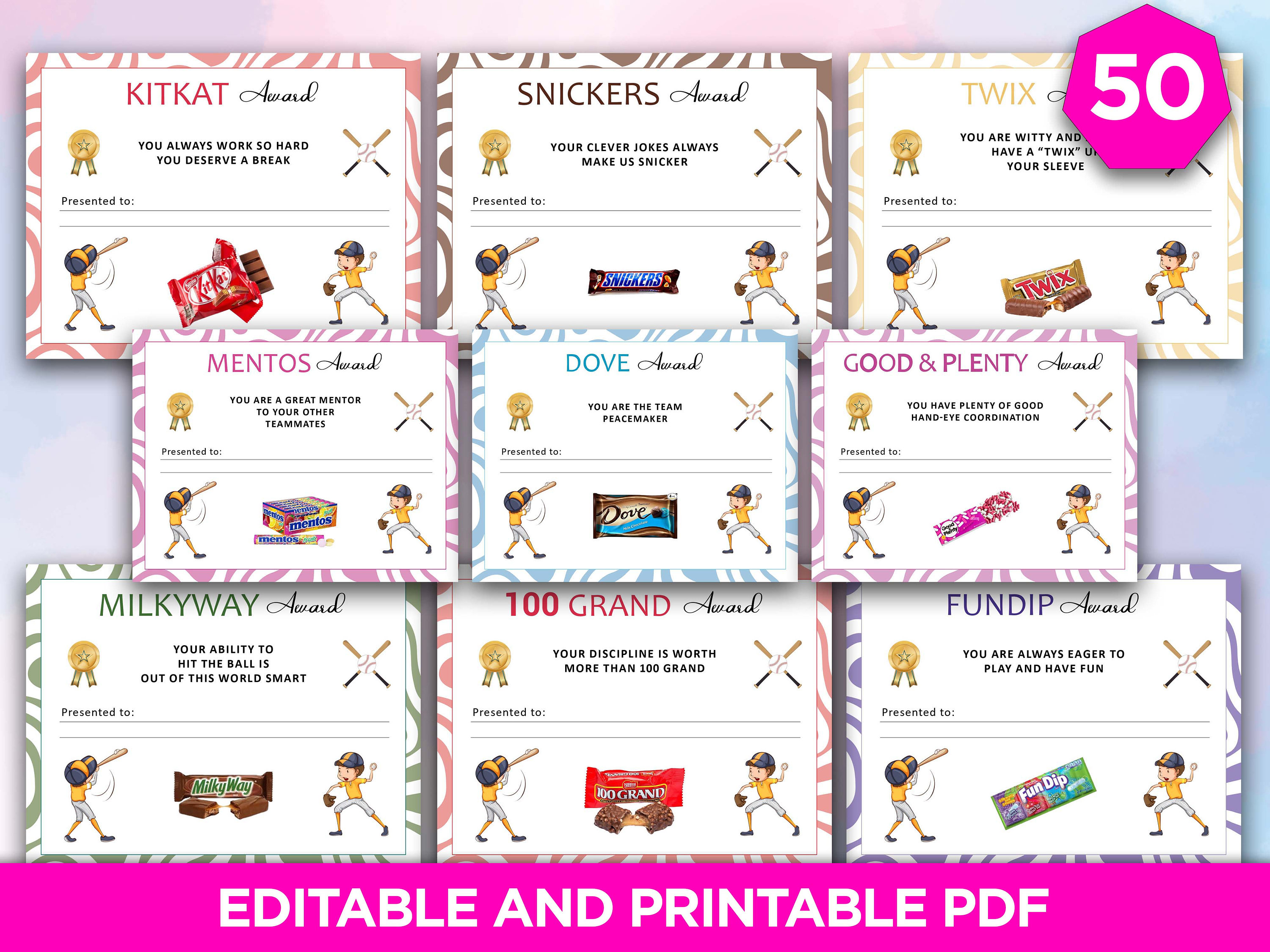 50 Baseball Candy Bar Award Certificates: Team Awards (printable PDF ...