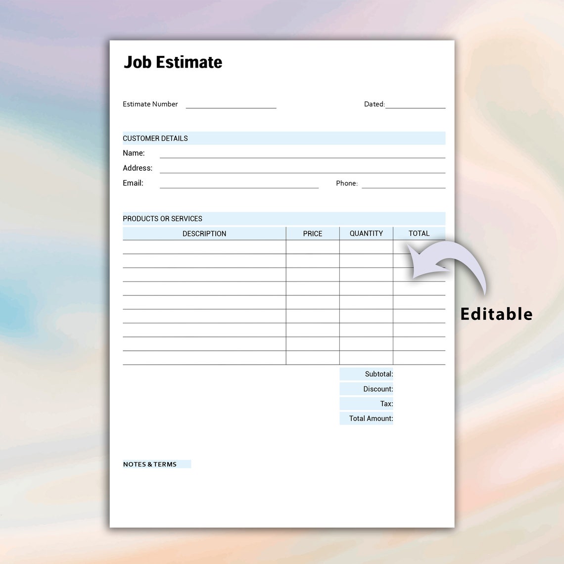 Editable Job Estimate Template: Contractor Form (PDF & JPG) - Etsy