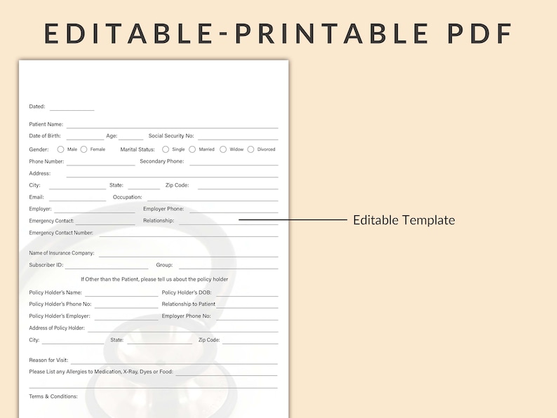 Patient History Form: Medical Intake Questionnaire (PDF) - Etsy