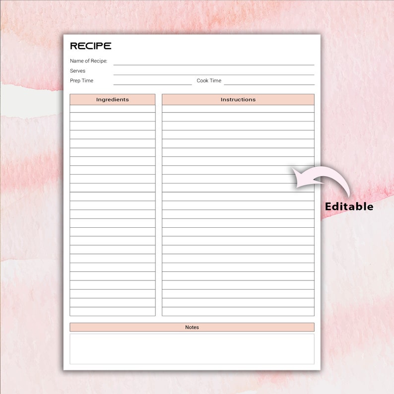 Printable Recipe Template: Meal Planning, Cooking Guide (PDF & JPG) - Etsy