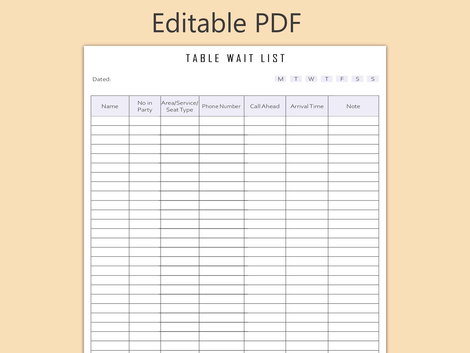 Table Wait List Template, Restaurant Waitlist Template, Seating Chart ...