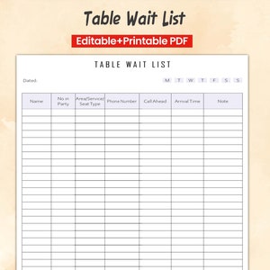 Table Wait List Template, Restaurant Waitlist Template, Seating Chart Template, Reservation List ...