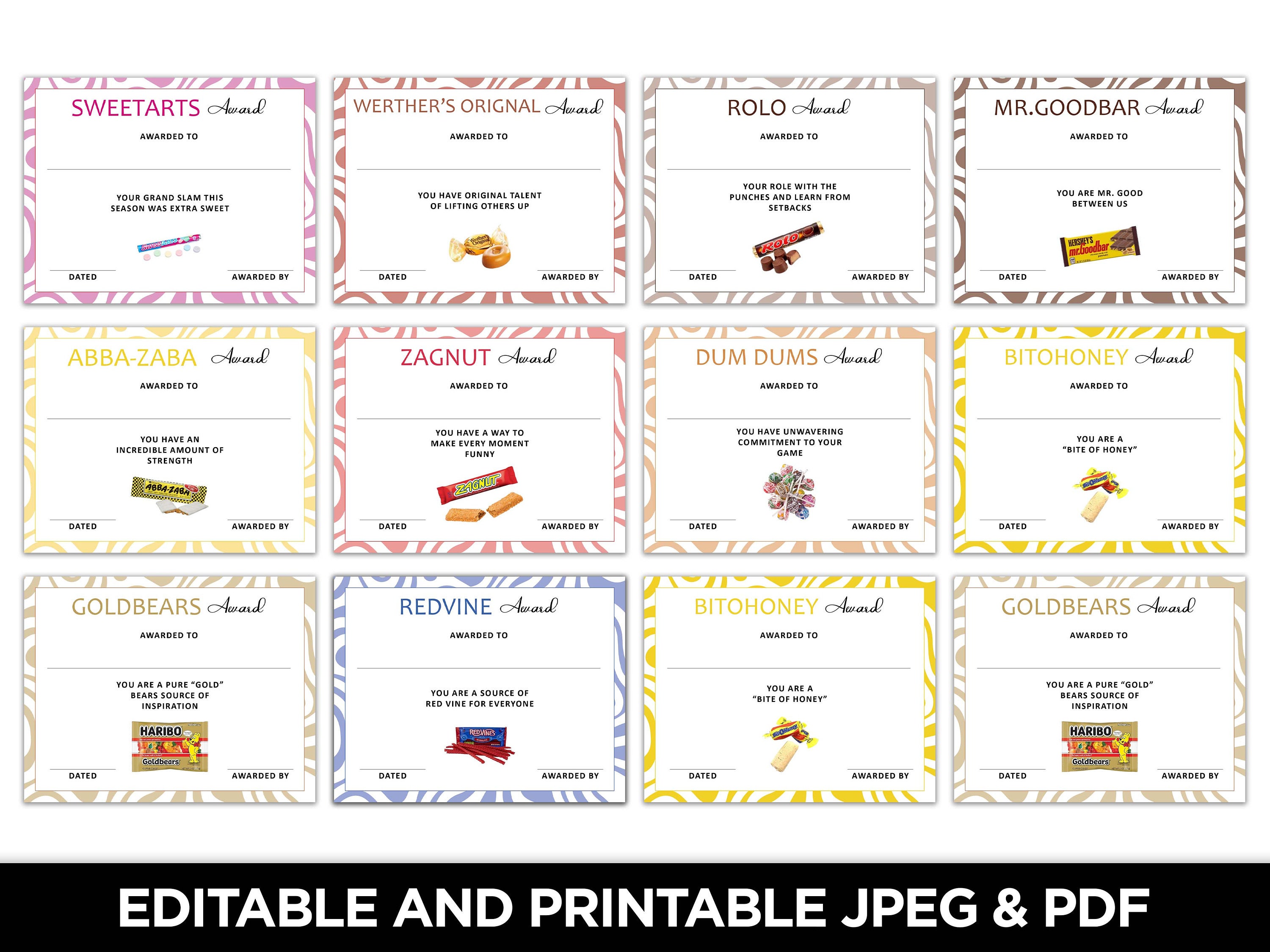 50 Candy Bar Award Certificates: Printable Team Awards (PDF) - Etsy