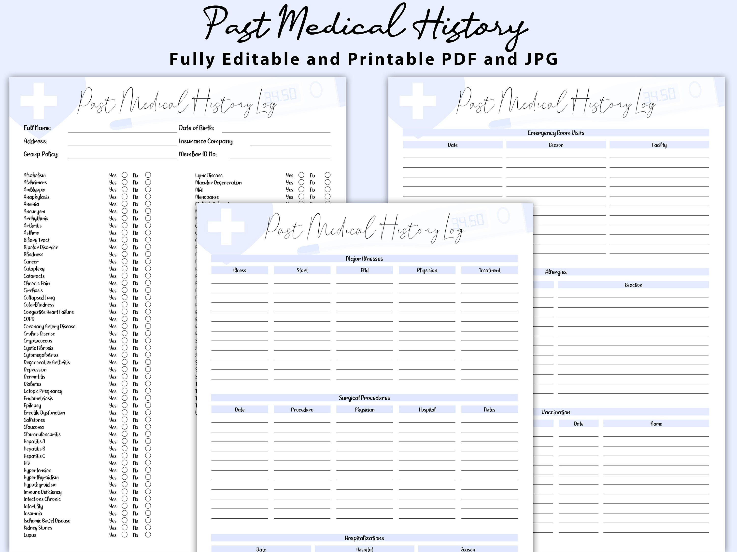 Past Medical History Log, Family Medical History Form , Medical Record ...