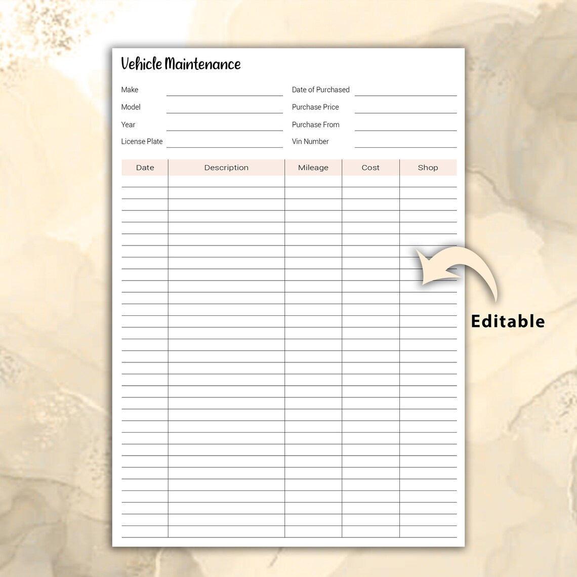 Vehicle Maintenance Template, Car Maintenance Log, Auto Service Record ...