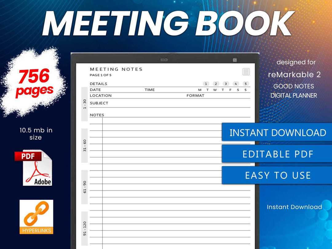 Remarkable 2 Meeting Notes Template: Hyperlinked PDF (digital Download ...