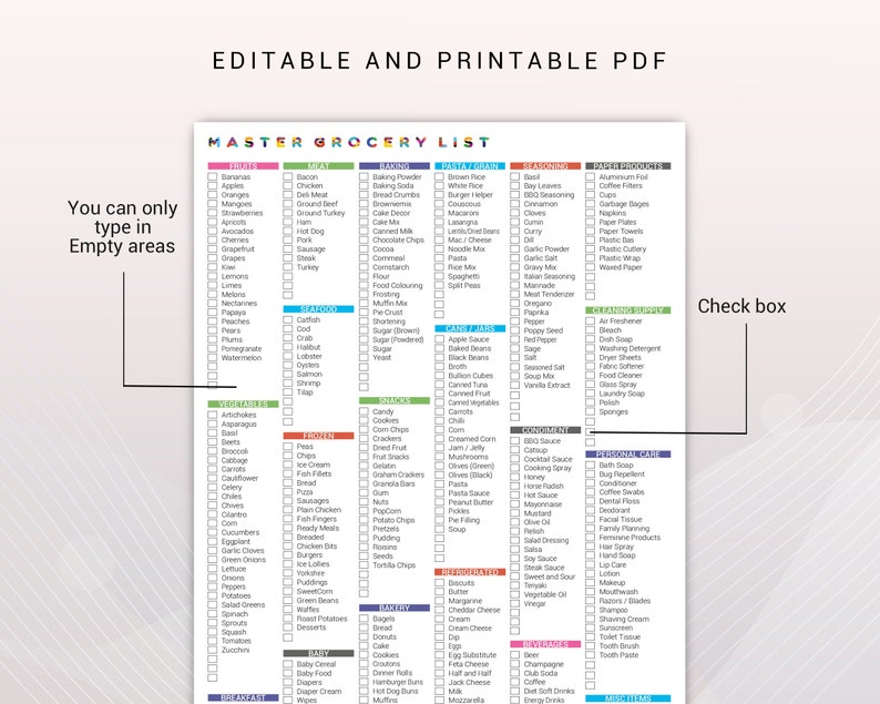 Printable Master Grocery List: Editable Shopping List, Meal Planner ...