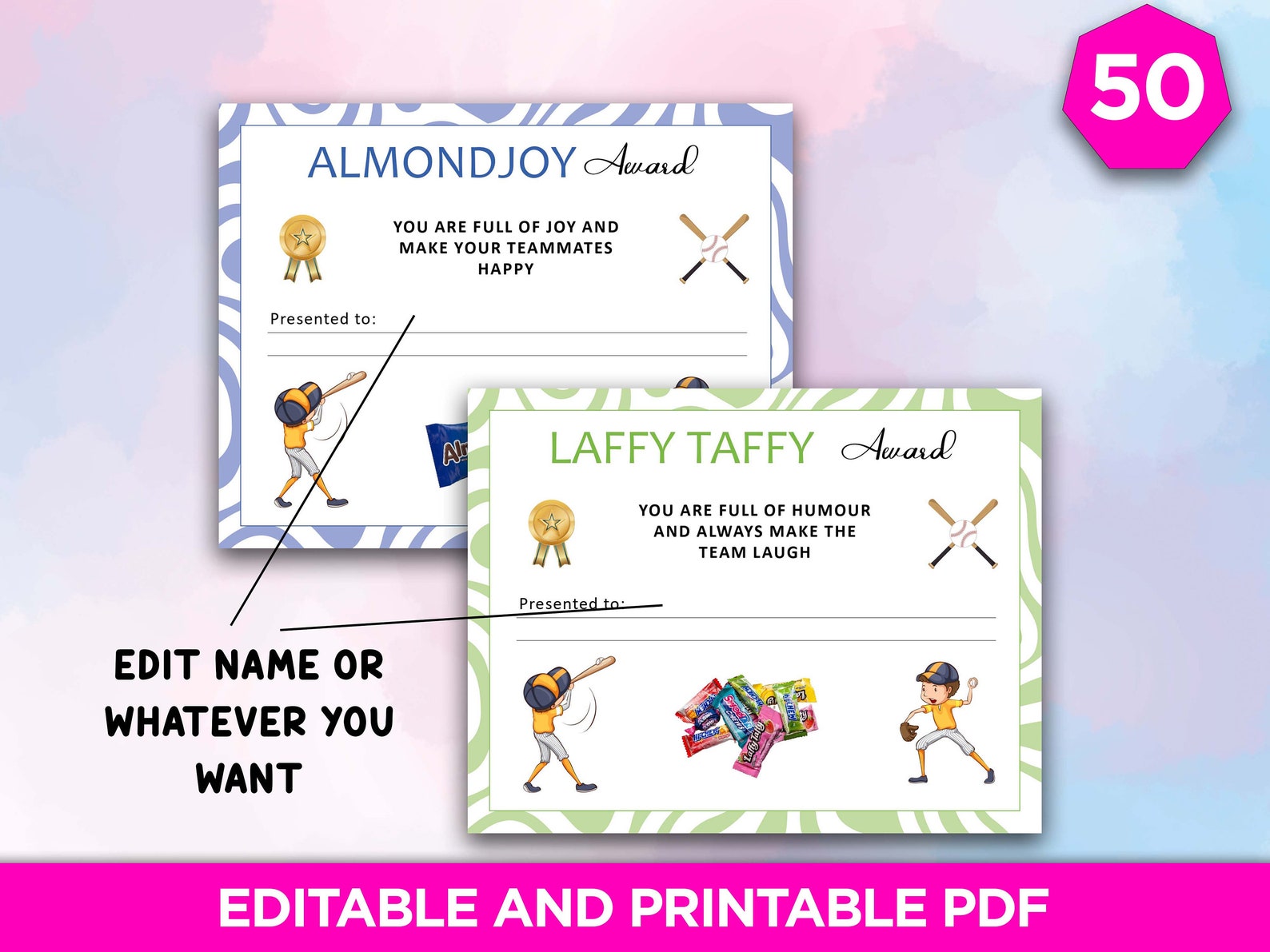 50 Baseball Candy Bar Award Certificates: Team Awards (printable PDF ...
