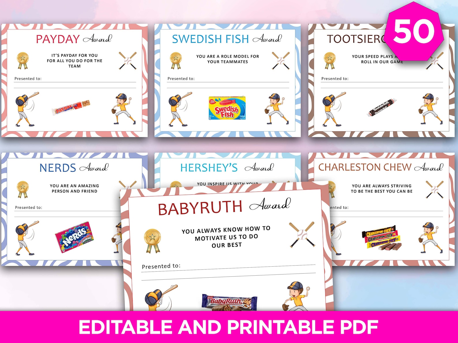 50 Baseball Candy Bar Award Certificates: Team Awards (printable PDF ...