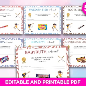 50 Baseball Candy Bar Award Certificates: Team Awards (printable PDF ...