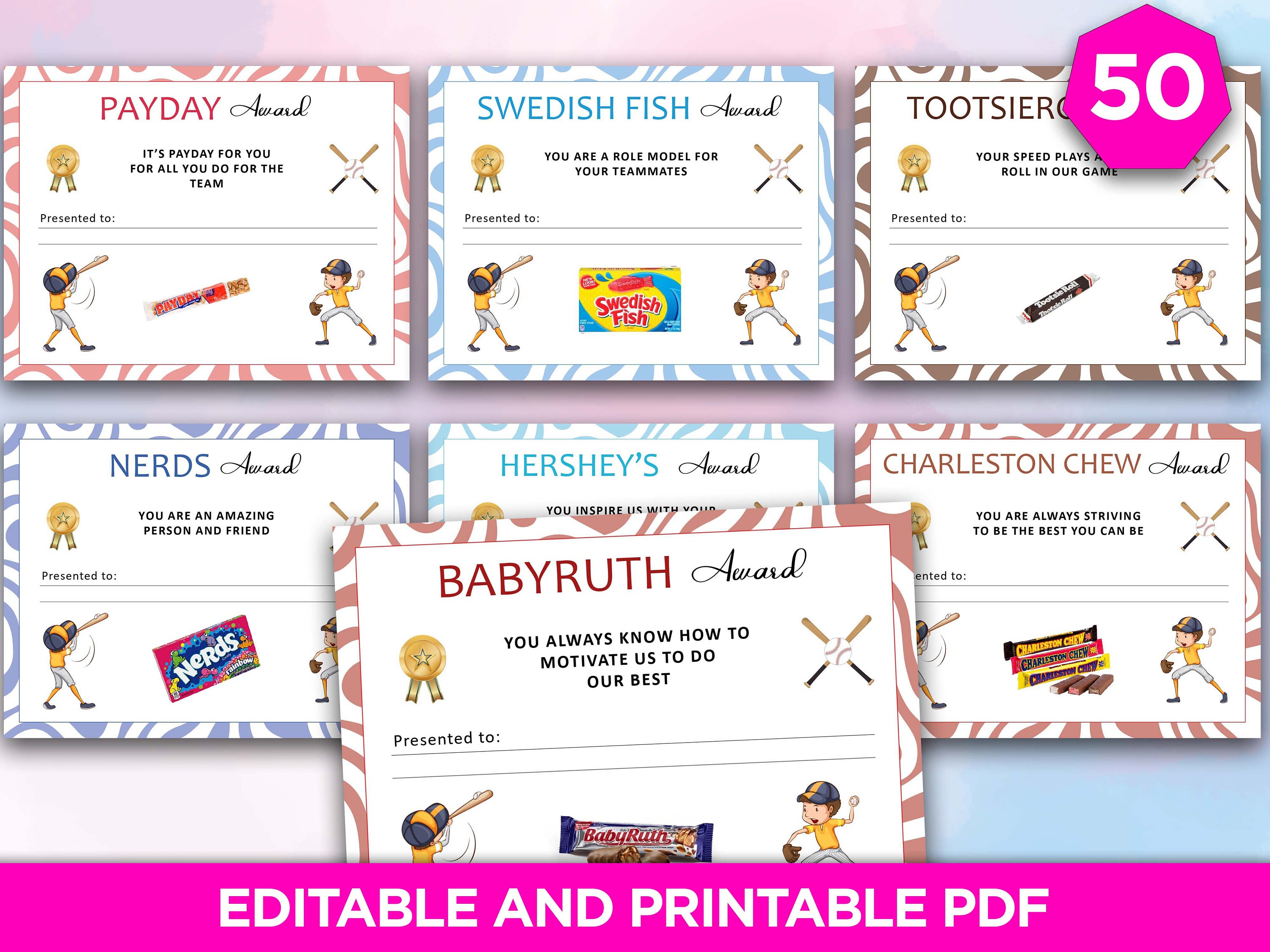 50 Baseball Candy Bar Award Certificates: Team Awards (printable PDF ...