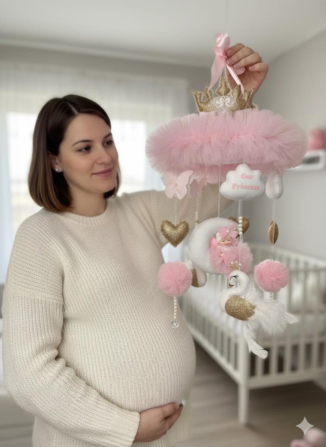 Princess Moon Baby Mobile With Swans & Bunny, Pink Nursery Crib Mobile ...