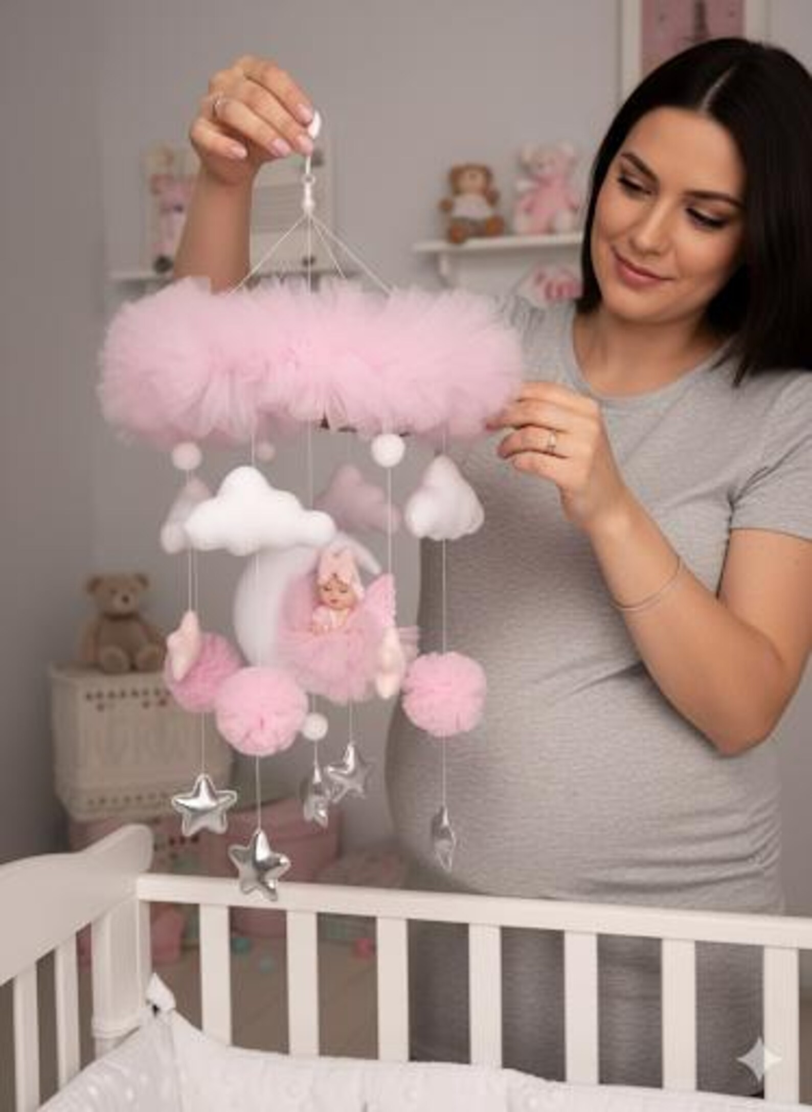 Pink Fairy Moon Baby Mobile, Crib Mobile for Girl, Nursery Decor With ...