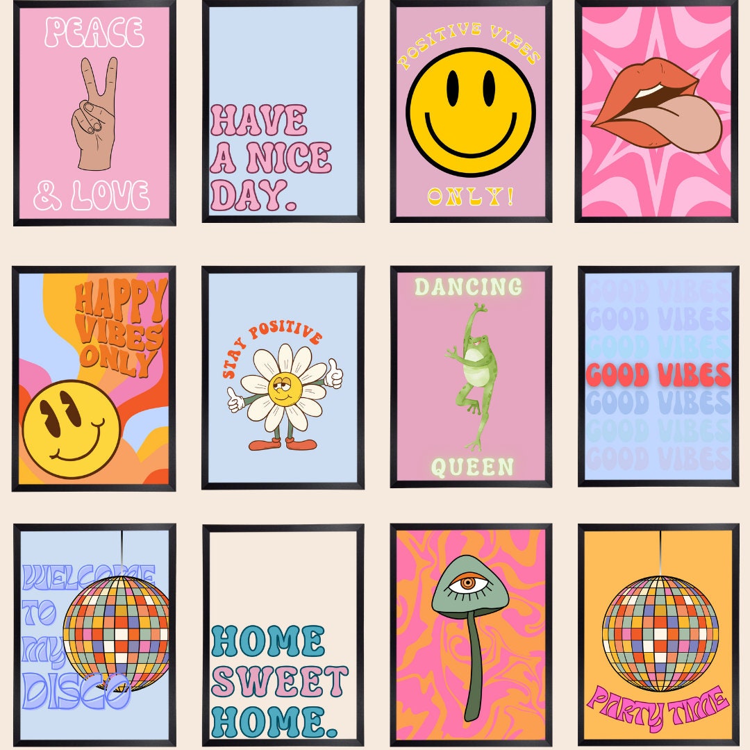 Set of 12 Groovy, Colourful and Vibrant, Wall Art Prints. Digital ...