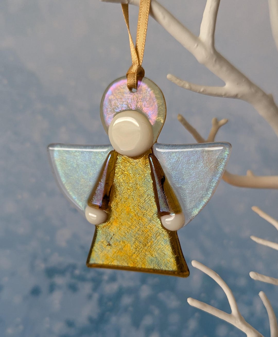 Fused Glass Gold Iridescent Angel Christmas Tree Hanger Decoration - Etsy