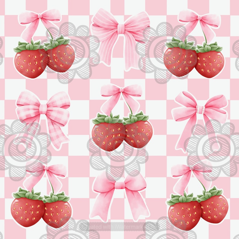 Pink Coquette Strawberries Sublimation PNG With Checkered Background ...